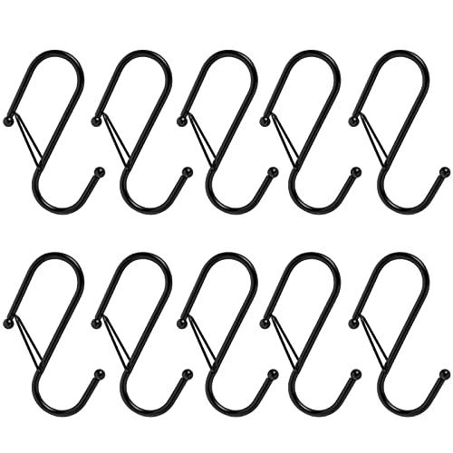 BOYILULEI 10 Pcs S Hooks Metal Heavy-Duty S Shaped Hook Anti Slip with Safety Buckle Design 3.5 Inches for Hanging Utensil Closet Rod Plants Pots Pans Bathroom Kitchen Coffee Cups Wardrobe Black