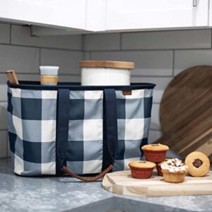 CleverMade Collapsible Fabric Laundry Baskets-Foldable Pop-Up Storage, Pack of 2 (Dark Blue/ White check), 20354