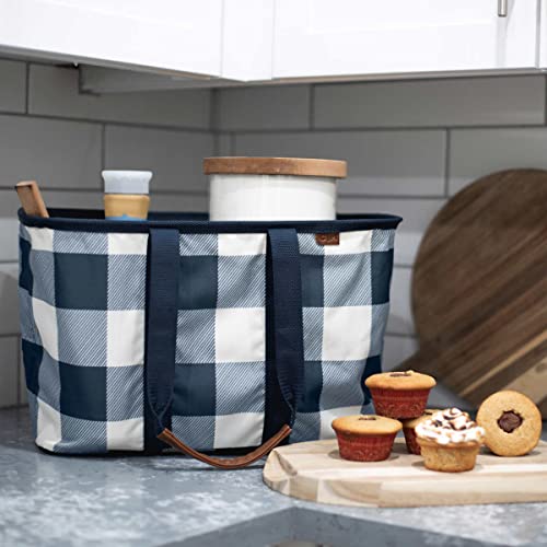 CleverMade Collapsible Fabric Laundry Baskets-Foldable Pop-Up Storage, Pack of 2 (Dark Blue/ White check), 20354