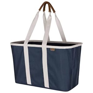 CleverMade Collapsible Fabric Laundry Baskets-Foldable Pop-Up Storage, Pack of 2 (Dark Blue/ White check), 20354