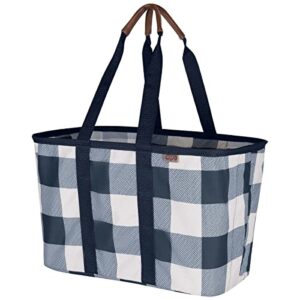 CleverMade Collapsible Fabric Laundry Baskets-Foldable Pop-Up Storage, Pack of 2 (Dark Blue/ White check), 20354