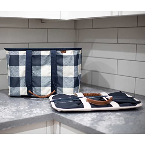 CleverMade Collapsible Fabric Laundry Baskets-Foldable Pop-Up Storage, Pack of 2 (Dark Blue/ White check), 20354