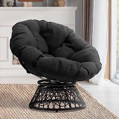 Bme Ergonomic Wicker Papasan Chair with Soft Thick Density Fabric Cushion, High Capacity Steel Frame, 360 Degree Swivel for Living, Bedroom, Reading Room, Lounge, Onyx Stone - Black Base