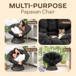 Bme Ergonomic Wicker Papasan Chair with Soft Thick Density Fabric Cushion, High Capacity Steel Frame, 360 Degree Swivel for Living, Bedroom, Reading Room, Lounge, Onyx Stone - Black Base