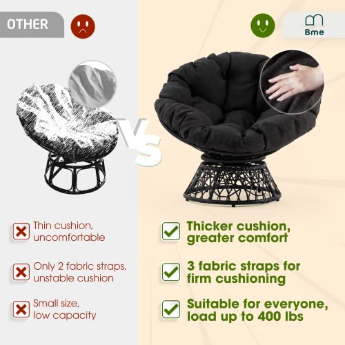 Bme Ergonomic Wicker Papasan Chair with Soft Thick Density Fabric Cushion, High Capacity Steel Frame, 360 Degree Swivel for Living, Bedroom, Reading Room, Lounge, Onyx Stone - Black Base