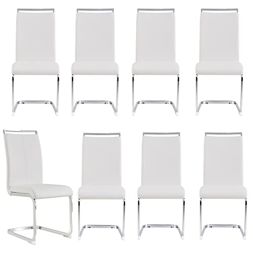 gopop Dining Chairs Set, Kitchen Modern Metal Chairs with Faux Leather Padded Seat High Back and Sturdy Chrome Legs, Chairs for Dining Room (White, Set of 8)