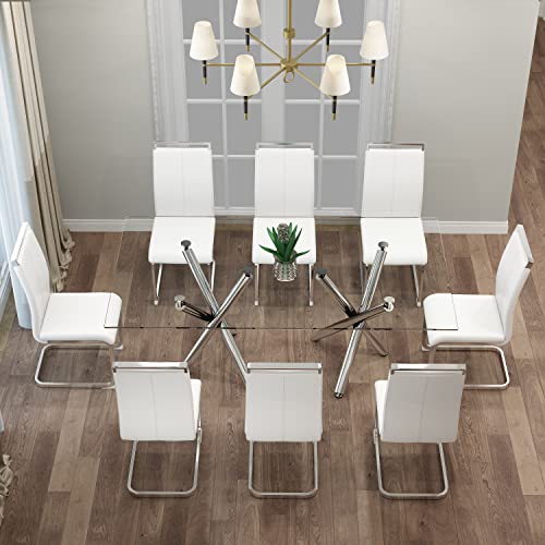 gopop Dining Chairs Set, Kitchen Modern Metal Chairs with Faux Leather Padded Seat High Back and Sturdy Chrome Legs, Chairs for Dining Room (White, Set of 8)