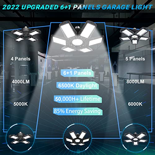 FBIRUNYI 2 Pack LED Garage Lights, Deformable LED Garage Ceiling Lights with 6+1 Multi-Position, 6500K E26/E27 LED Shop Lights for Garage/Workshop, Basement, Barn, High Bay Light