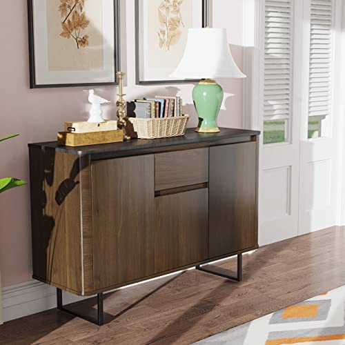 SILKYDRY Sideboard Buffet Cabinet, Kitchen Storage Cabinet w/Adjustable Shelves, Large Drawer, 3 Doors & Metal Legs, Cupboard Console Table for Living Room, Dining Room, Entryway, Hallway (Walnut)