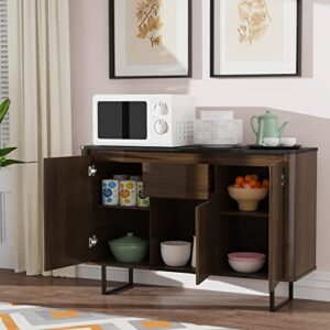 SILKYDRY Sideboard Buffet Cabinet, Kitchen Storage Cabinet w/Adjustable Shelves, Large Drawer, 3 Doors & Metal Legs, Cupboard Console Table for Living Room, Dining Room, Entryway, Hallway (Walnut)