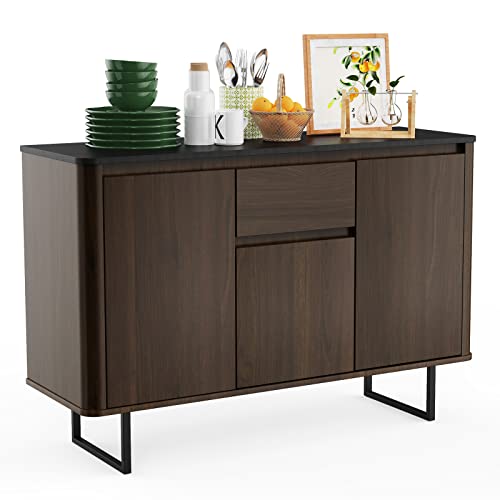 SILKYDRY Sideboard Buffet Cabinet, Kitchen Storage Cabinet w/Adjustable Shelves, Large Drawer, 3 Doors & Metal Legs, Cupboard Console Table for Living Room, Dining Room, Entryway, Hallway (Walnut)