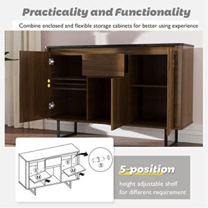 SILKYDRY Sideboard Buffet Cabinet, Kitchen Storage Cabinet w/Adjustable Shelves, Large Drawer, 3 Doors & Metal Legs, Cupboard Console Table for Living Room, Dining Room, Entryway, Hallway (Walnut)