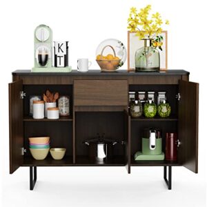 SILKYDRY Sideboard Buffet Cabinet, Kitchen Storage Cabinet w/Adjustable Shelves, Large Drawer, 3 Doors & Metal Legs, Cupboard Console Table for Living Room, Dining Room, Entryway, Hallway (Walnut)