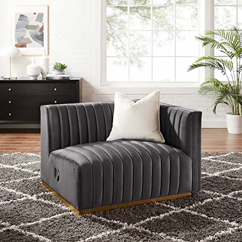 Modway Conjure Channel Tufted Upholstered Performance Velvet Sectional Sofa Right-Arm Chair in Gold Gray