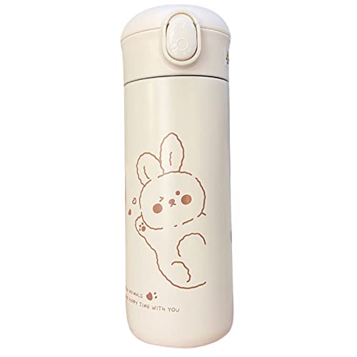 Grebest Insulated Bottle One Key Opening Keep Warm Lovely Heat Preservation Straw Drinking Bottle for Student Beige