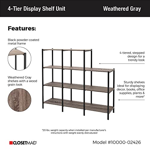 ClosetMaid Ladder Step Bookcase, 4 Tier, 5 Shelves, Display Shelf for Living Room or Office, Industrial Black Metal and Wood, Weathered Gray