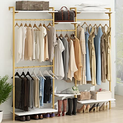 Auromie Gold Wall Mount Clothes Rack with 4 Hanging Rods, Clothing Rack with 6-Tier Adjustable Shelves, Closet Storage Organizer System Kit, Heavy Duty Garment Rack with Metal (80.43" L*78.62" H)