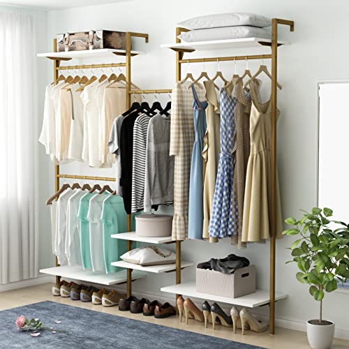 Auromie Gold Wall Mount Clothes Rack with 4 Hanging Rods, Clothing Rack with 6-Tier Adjustable Shelves, Closet Storage Organizer System Kit, Heavy Duty Garment Rack with Metal (80.43" L*78.62" H)