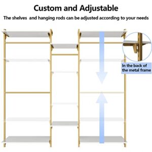 Auromie Gold Wall Mount Clothes Rack with 4 Hanging Rods, Clothing Rack with 6-Tier Adjustable Shelves, Closet Storage Organizer System Kit, Heavy Duty Garment Rack with Metal (80.43" L*78.62" H)