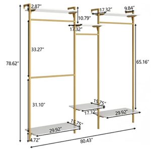 Auromie Gold Wall Mount Clothes Rack with 4 Hanging Rods, Clothing Rack with 6-Tier Adjustable Shelves, Closet Storage Organizer System Kit, Heavy Duty Garment Rack with Metal (80.43" L*78.62" H)