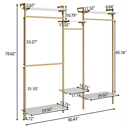 Auromie Gold Wall Mount Clothes Rack with 4 Hanging Rods, Clothing Rack with 6-Tier Adjustable Shelves, Closet Storage Organizer System Kit, Heavy Duty Garment Rack with Metal (80.43" L*78.62" H)