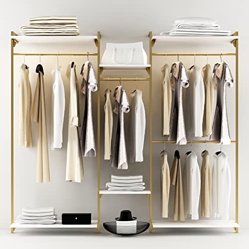 Auromie Gold Wall Mount Clothes Rack with 4 Hanging Rods, Clothing Rack with 6-Tier Adjustable Shelves, Closet Storage Organizer System Kit, Heavy Duty Garment Rack with Metal (80.43" L*78.62" H)