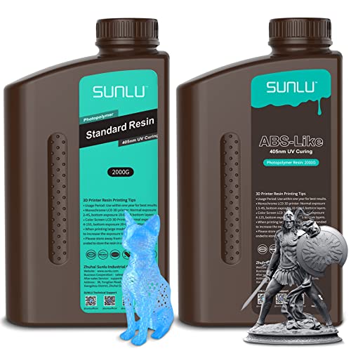 SUNLU 3D Printer Standard Resin 2KG Clear Blue & SUNLU 3D Printer ABS-Like Resin 2KG Dark Grey, 405nm UV Curing Resin for 4K/8K LCD/DLP/SLA Resin 3D Printer, Non-Brittle & High Precision & Low Shrinka