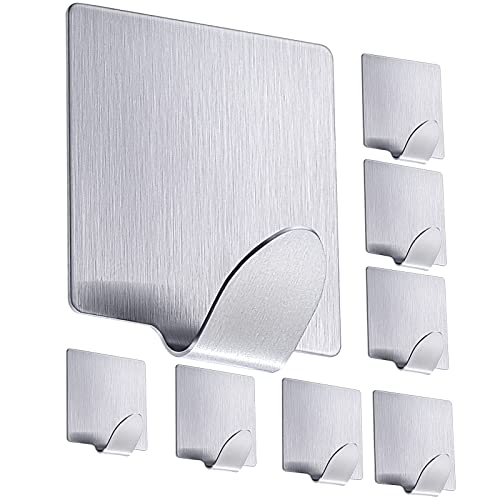 YOGEERNIC 8 PCS Adhesive Towel Hooks, No Drilling Wall Mount Hooks, Heavy Duty Stainless Steel Hooks for Bathroom Bedroom Kitchen Hotel(Silvery)