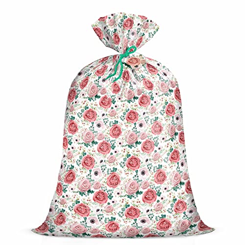 WRAPAHOLIC 56" Large Plastic Gift Bag - Pink Floral Design for Birthdays, Mother's Day, Wedding, Baby Shower, Parties, or Any Occasion - 56" H x 36" W