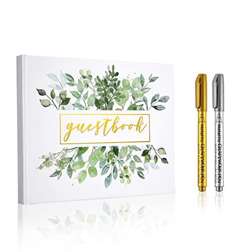 Wedding Guest Book, Includes 2 Markers Pen, 120 Lined Pages Guest Sign-in Book, White Cover with Gold Foil Design, Gold Gilded Edges, 9x7 Inches Hardbound, Gold Ribbon, Guest Book Wedding Reception