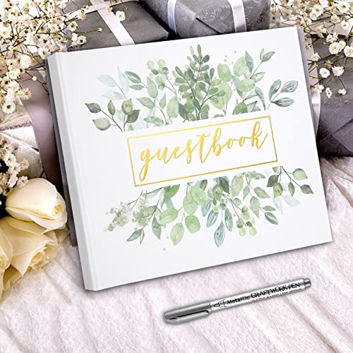 Wedding Guest Book, Includes 2 Markers Pen, 120 Lined Pages Guest Sign-in Book, White Cover with Gold Foil Design, Gold Gilded Edges, 9x7 Inches Hardbound, Gold Ribbon, Guest Book Wedding Reception