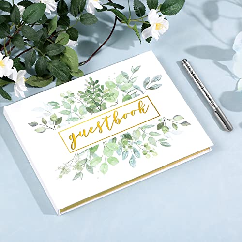 Wedding Guest Book, Includes 2 Markers Pen, 120 Lined Pages Guest Sign-in Book, White Cover with Gold Foil Design, Gold Gilded Edges, 9x7 Inches Hardbound, Gold Ribbon, Guest Book Wedding Reception