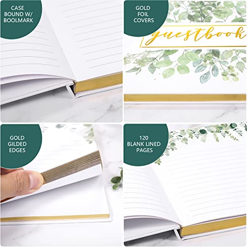 Wedding Guest Book, Includes 2 Markers Pen, 120 Lined Pages Guest Sign-in Book, White Cover with Gold Foil Design, Gold Gilded Edges, 9x7 Inches Hardbound, Gold Ribbon, Guest Book Wedding Reception