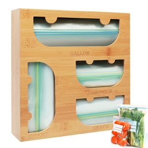 inpant ziplock bag storage organizer for kitchen drawer, bamboo baggie holder, suitable for gallon, quart, sandwich and snack variety size bags