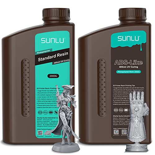 SUNLU 3D Printer Standard Resin 2KG Grey & SUNLU 3D Printer ABS-Like Resin 2KG Grey, 405nm UV Curing Resin for 4K/8K LCD/DLP/SLA Resin 3D Printer, Non-Brittle & High Precision & Low Shrinkage, 2000g*2