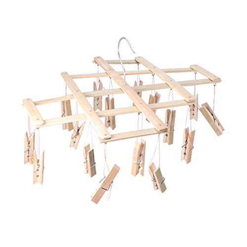 Cabilock Foldable Clip Hangers with Drying Clips Wood Underwear Hanger with 16pcs Clips Wooden Laundry Clip and Drip Drying Hanger for Socks Bras Lingerie Clothes Drying Rack 2pcs