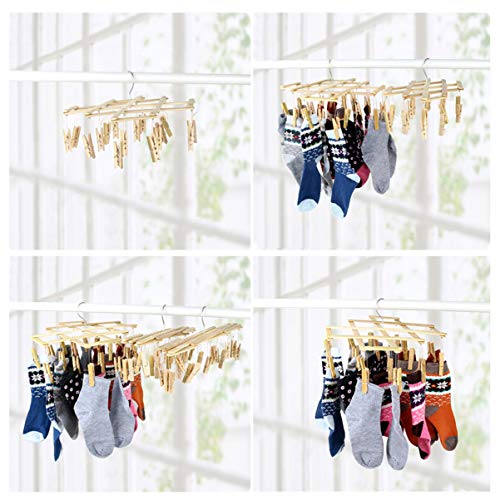 Cabilock Foldable Clip Hangers with Drying Clips Wood Underwear Hanger with 16pcs Clips Wooden Laundry Clip and Drip Drying Hanger for Socks Bras Lingerie Clothes Drying Rack 2pcs