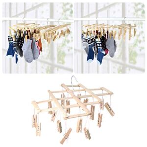 Cabilock Foldable Clip Hangers with Drying Clips Wood Underwear Hanger with 16pcs Clips Wooden Laundry Clip and Drip Drying Hanger for Socks Bras Lingerie Clothes Drying Rack 2pcs