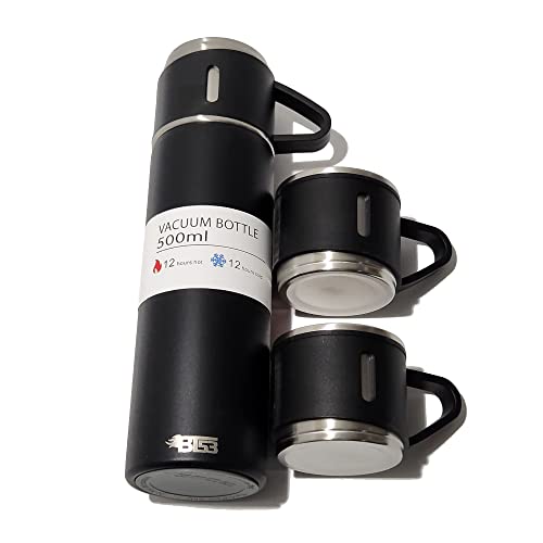 BT53 Stainless Steel 500 ML Vacuum Flask/Bottle/Thermos for Hot and Cold Drinks with Three Cups (Black)