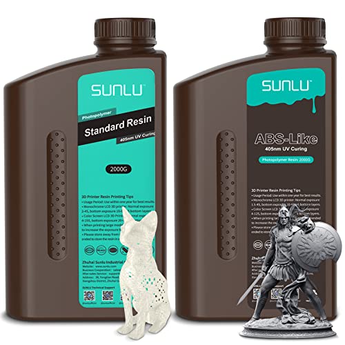 SUNLU 3D Printer Standard Resin 2KG Clear & SUNLU 3D Printer ABS-Like Resin 2KG Dark Grey, 405nm UV Curing Resin for 4K/8K LCD/DLP/SLA Resin 3D Printer, Non-Brittle & High Precision & Low Shrinkage, 2