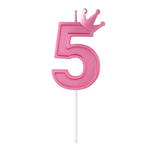 3 Inch Birthday Number Candle, 3D Number Candle with Crown Decor Large Cake Topper Number Candles for Birthday Cakes Wedding Anniversary Graduation Festival Party (Pink, 5)