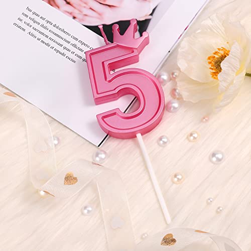 3 Inch Birthday Number Candle, 3D Number Candle with Crown Decor Large Cake Topper Number Candles for Birthday Cakes Wedding Anniversary Graduation Festival Party (Pink, 5)