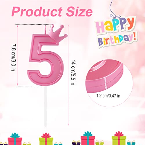 3 Inch Birthday Number Candle, 3D Number Candle with Crown Decor Large Cake Topper Number Candles for Birthday Cakes Wedding Anniversary Graduation Festival Party (Pink, 5)