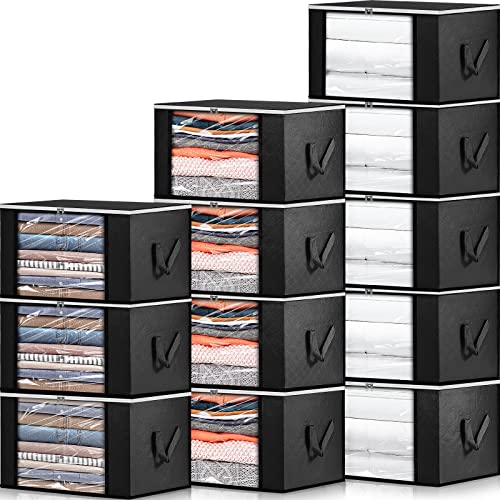 12 Pack Jumbo Clothes Storage Bins Bags 90L Large Capacity Blanket Organizer Containers, Foldable Storage Closet Containers with Clear Window Handle for Organizing Clothing Bedroom Comforter (Black)