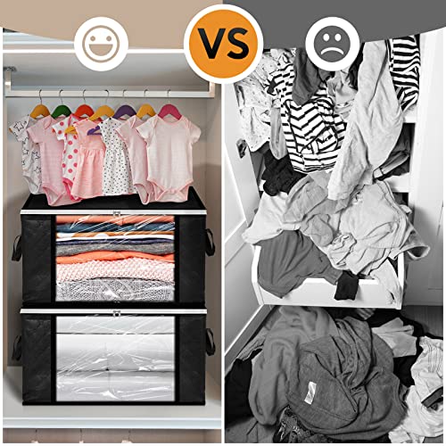 12 Pack Jumbo Clothes Storage Bins Bags 90L Large Capacity Blanket Organizer Containers, Foldable Storage Closet Containers with Clear Window Handle for Organizing Clothing Bedroom Comforter (Black)