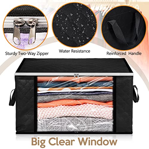 12 Pack Jumbo Clothes Storage Bins Bags 90L Large Capacity Blanket Organizer Containers, Foldable Storage Closet Containers with Clear Window Handle for Organizing Clothing Bedroom Comforter (Black)