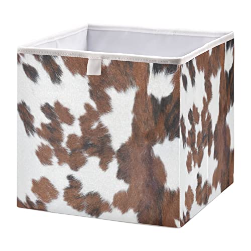 Kigai Cube Storage Bin White Brown Print Cow Foldable Storage Basket Toy Storage Box for Home Organizing Shelf Closet Bins, 11 x 11 x 11-Inch