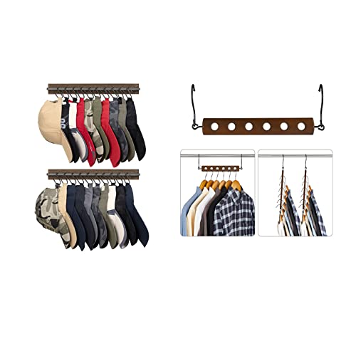 Mkono 4 Pcs Space Saving Hangers Wood Clothes Magic Hanger for Closet and Set of 2 Wooden Hat Rack for Wall