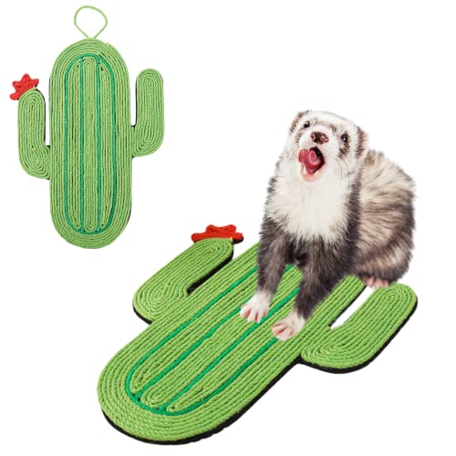 Ferret Scratch Pad - Sisal Cactus Scratcher with Hanging Rope Non-Slip Scratching Pad Rug for Wall or Floor Use, Durable Small Animal Sleeping Mat for Indoor Ferret Grinding Claws (Green Cactus)