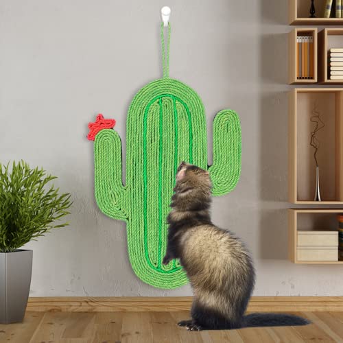 Ferret Scratch Pad - Sisal Cactus Scratcher with Hanging Rope Non-Slip Scratching Pad Rug for Wall or Floor Use, Durable Small Animal Sleeping Mat for Indoor Ferret Grinding Claws (Green Cactus)